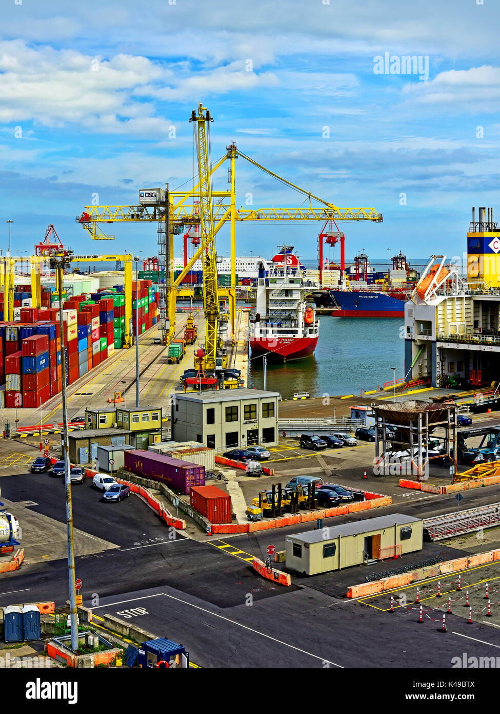Dublin Ireland Docks harbour area cranes and Ro-Ro Ferry and containers ...