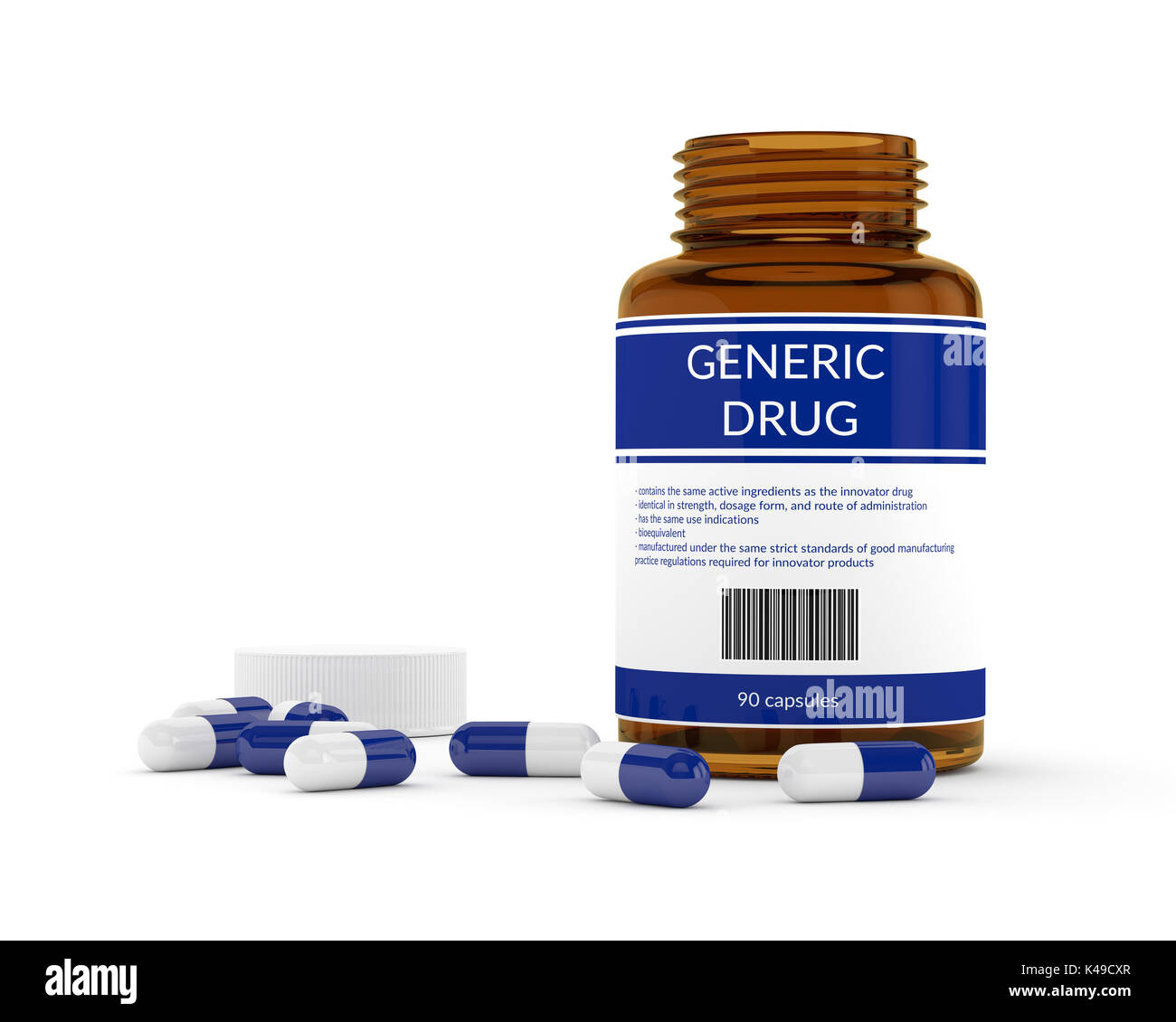 3D render of generic drug pills with bottle isolated over white ...