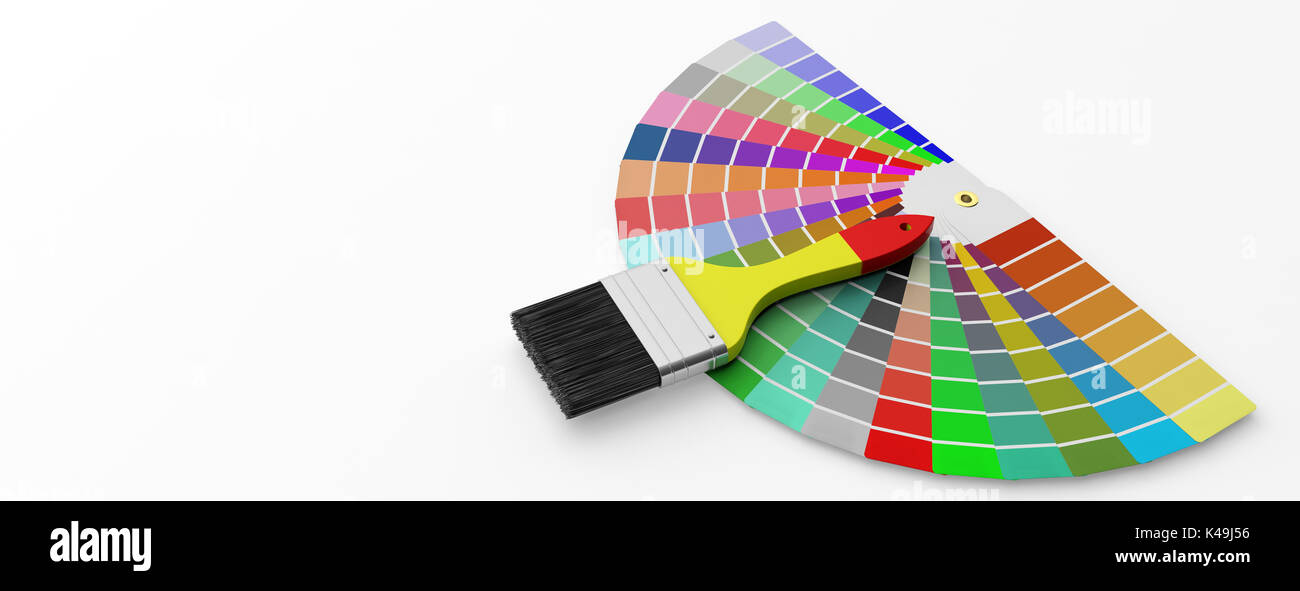 Paint colors catalogue and brush on white background. 3d illustration ...