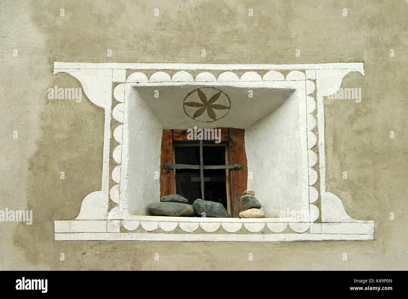 Windows Of A Typical Engadine House, Scuol, Engadin, Grisons ...