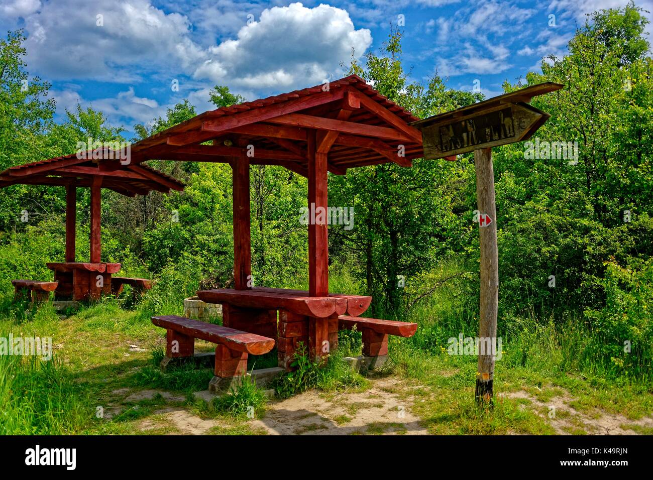 Sheltered Forest Resting Area Made Of Wood Stock Photo - Alamy