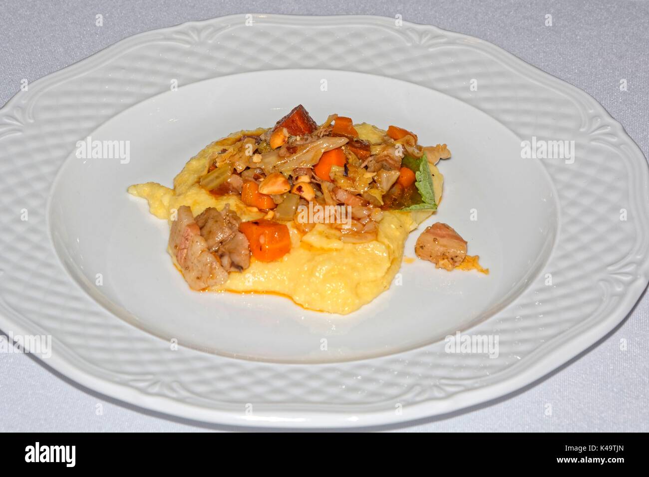 Fine Dining, Pork With Virsing, Kaffir Lime Leaves, Peanuts And Polenta ...