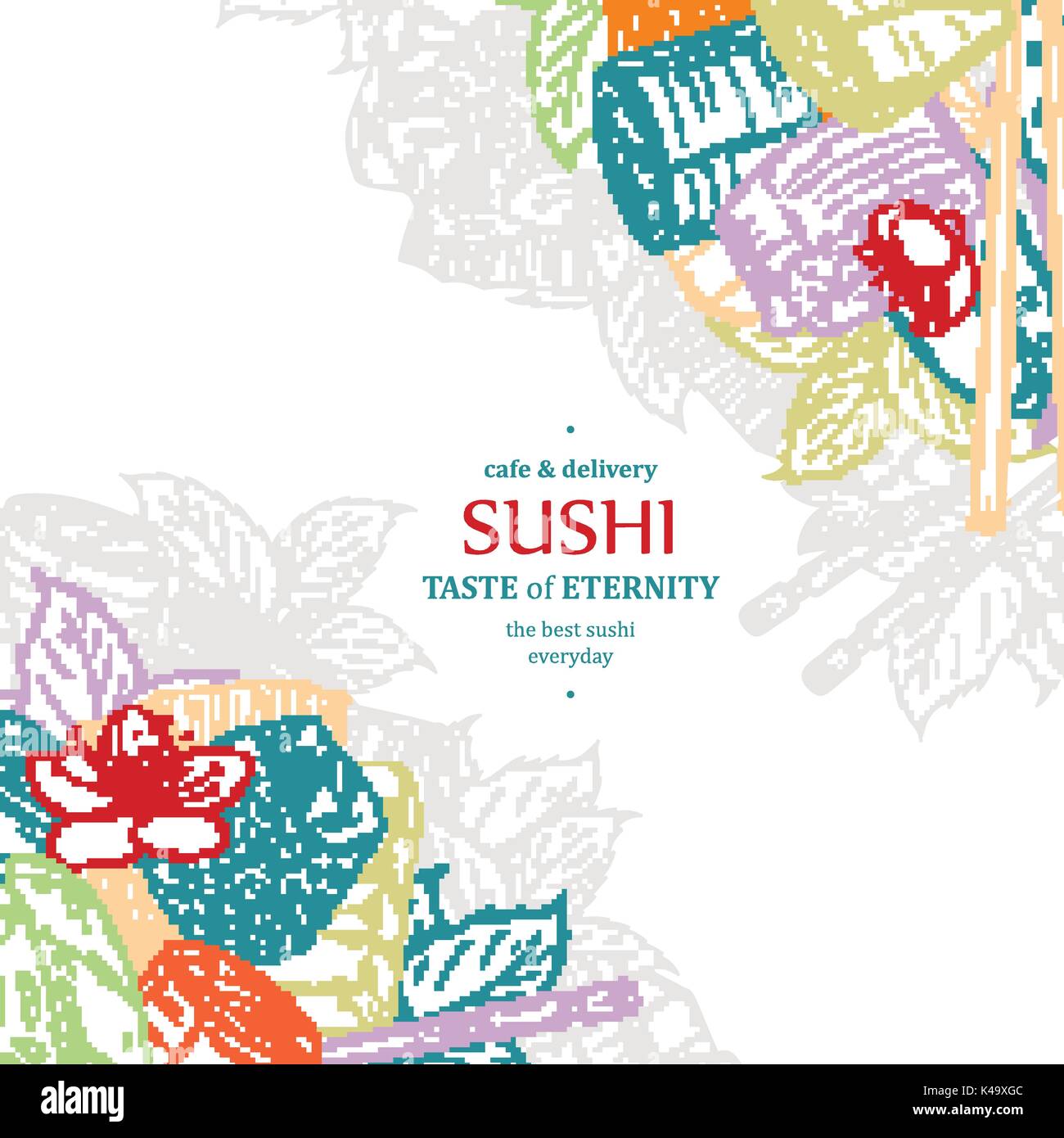 Doodle sushi restaurant menu design template. Engrave asian food frame ...