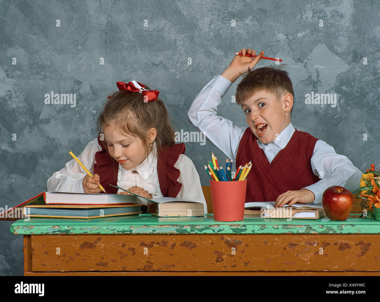 Elementary emotional school kids working at their vintage desk , Retro ...