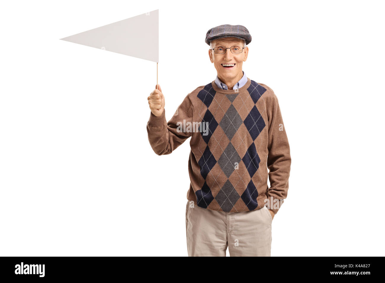 Senior holding a white triangular flag isolated on white background ...