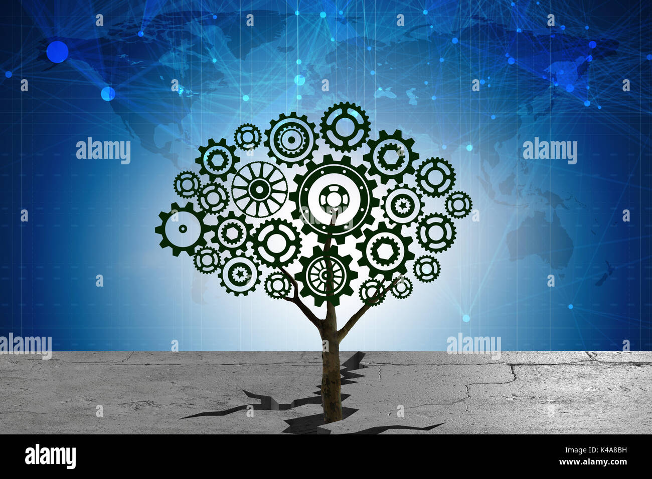 Cogwheel tree growing through soil crack Stock Photo - Alamy