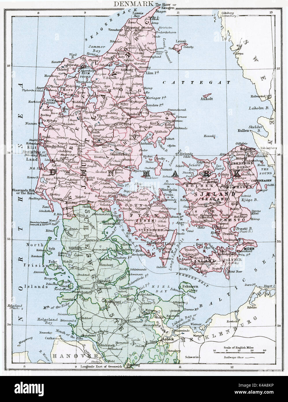 Antique map, circa 1875, of Denmark Stock Photo - Alamy