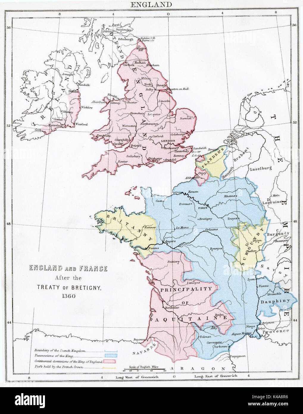 Antique map, circa 1875, of England & France (Treaty of Brretigny ...