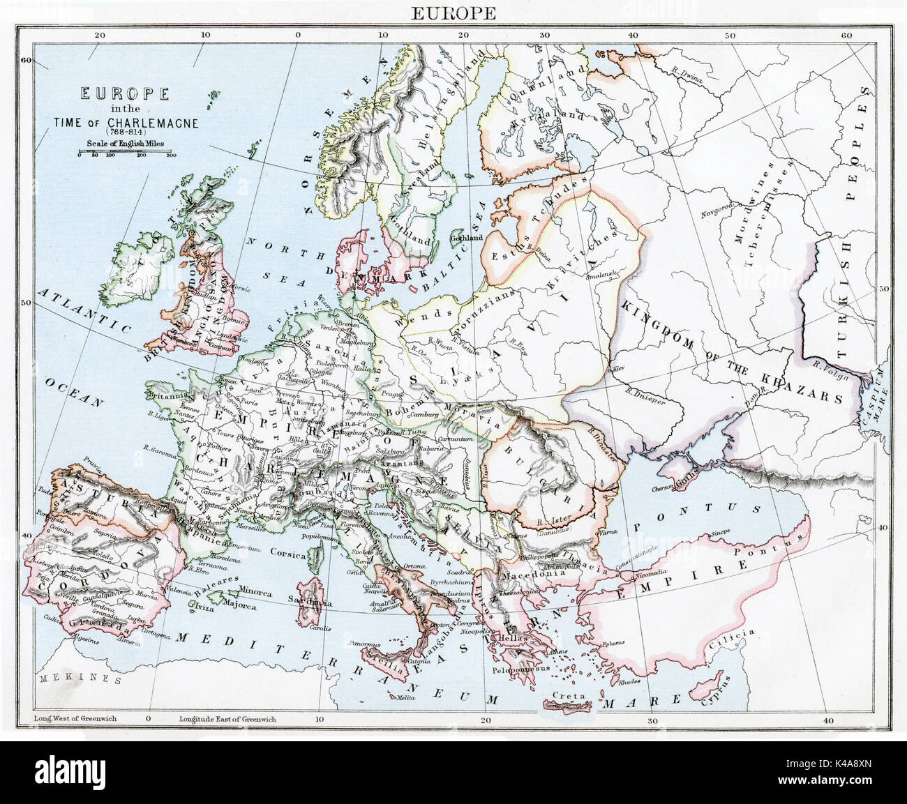 Antique map, circa 1875, of Europe (Time of Charlemagne Stock Photo - Alamy