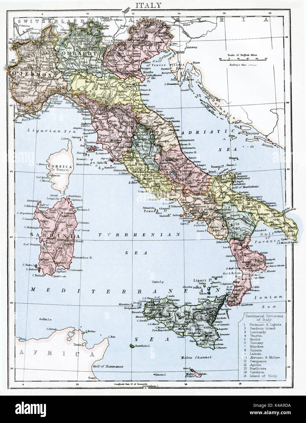 Antique map, circa 1875, of Italy Stock Photo - Alamy
