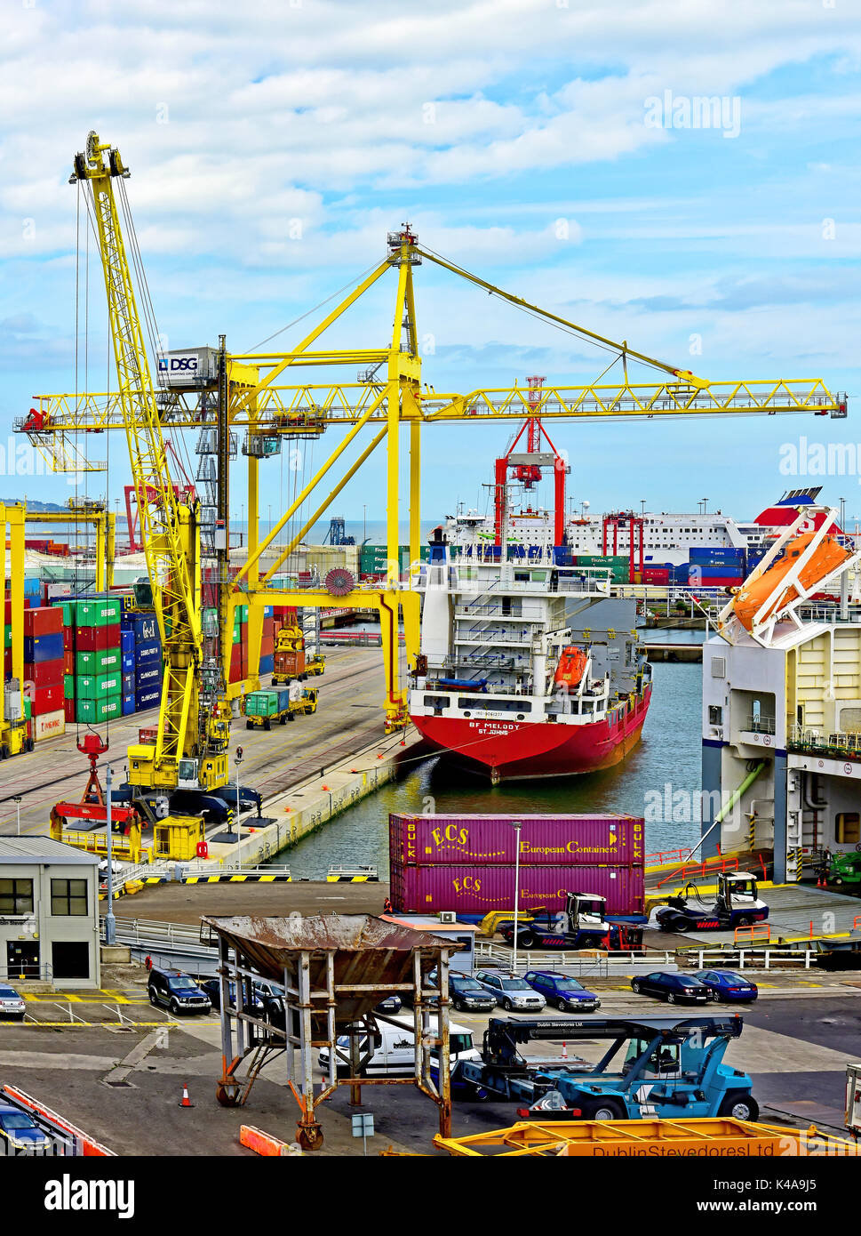 Dublin Ireland Docks harbour area cranes and Ro-Ro Ferry and containers ...