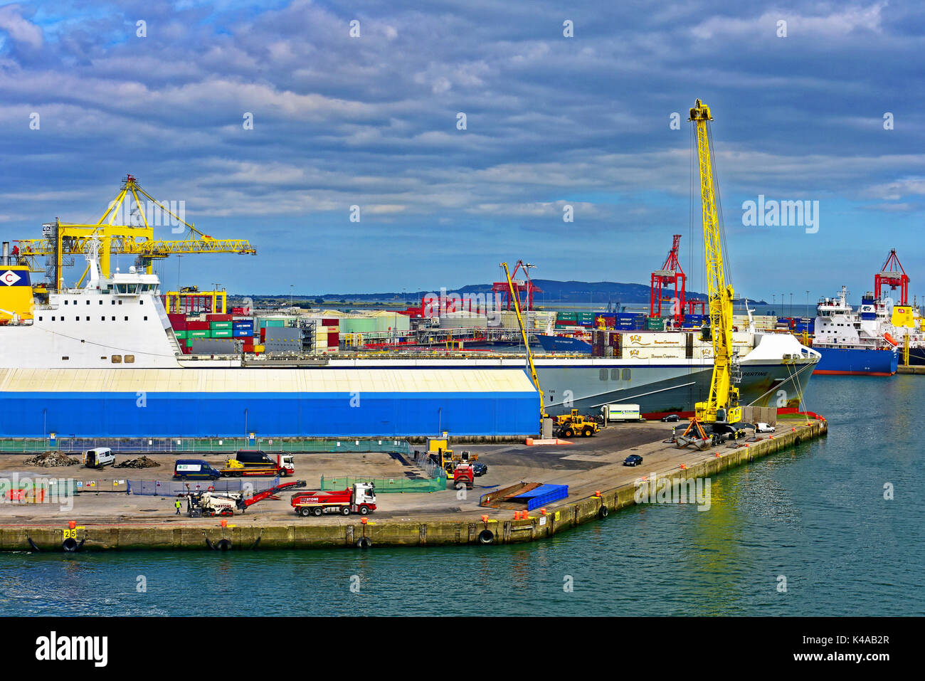 Dublin Ireland Docks harbour area cranes and Ro-Ro Ferry and containers ...