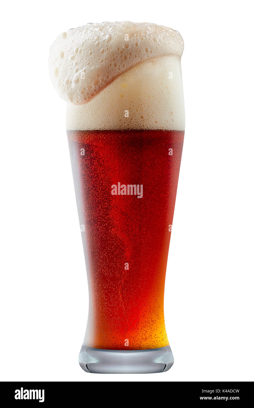 Mug of frosty dark red beer with foam Stock Photo - Alamy