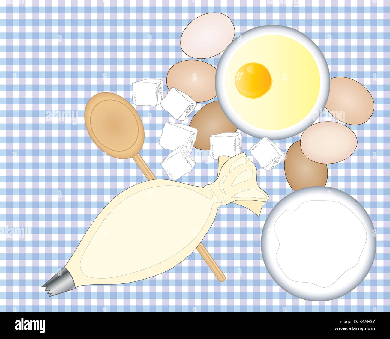 an illustration of baking ingredients and utensils spread on a blue ...