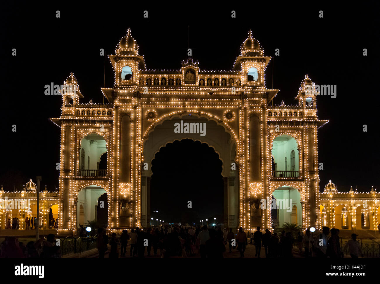 Entrance gate, east gate, Maharaja Palace Amba Vilas, illuminated at ...