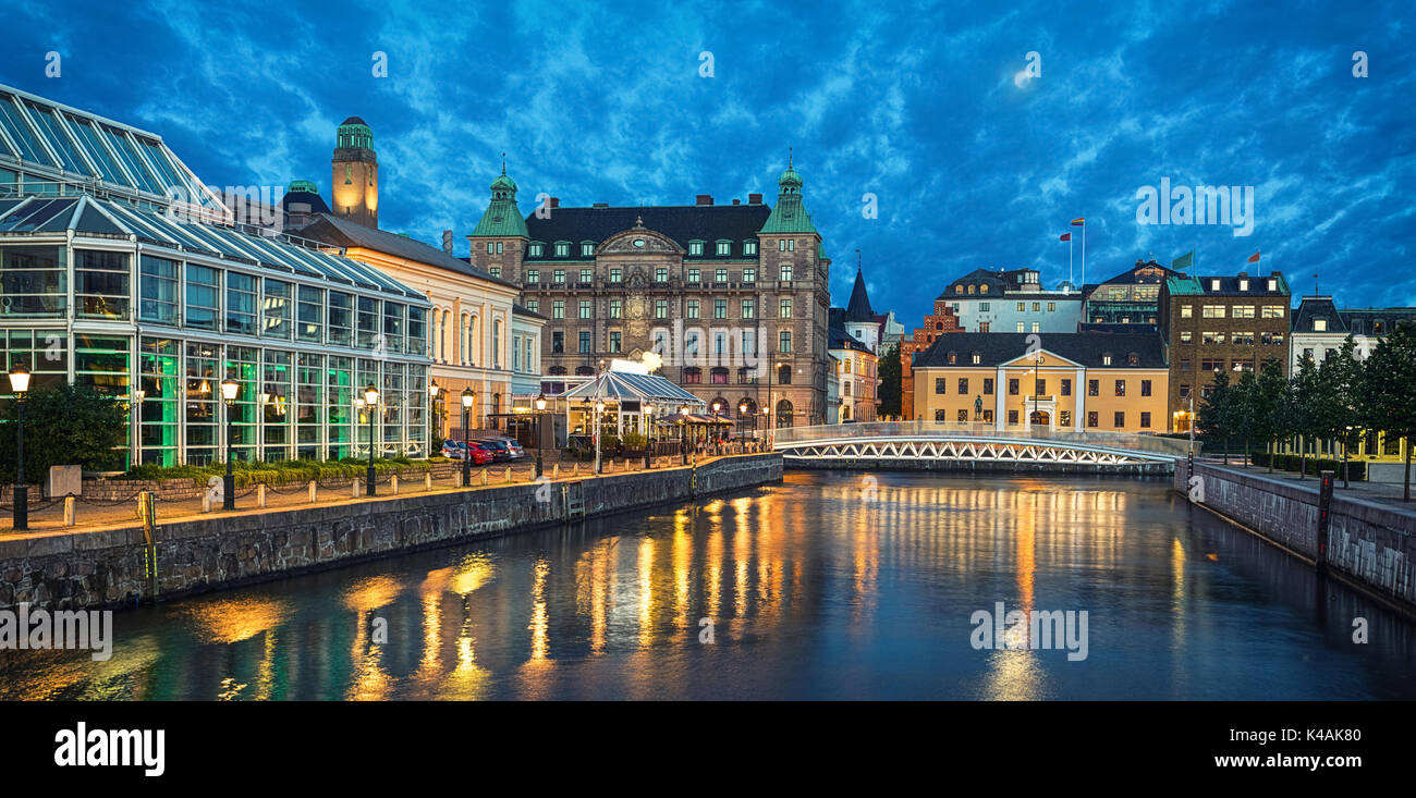 Panoramic view of Malmo skyline from canal in the evening, Sweden Stock ...