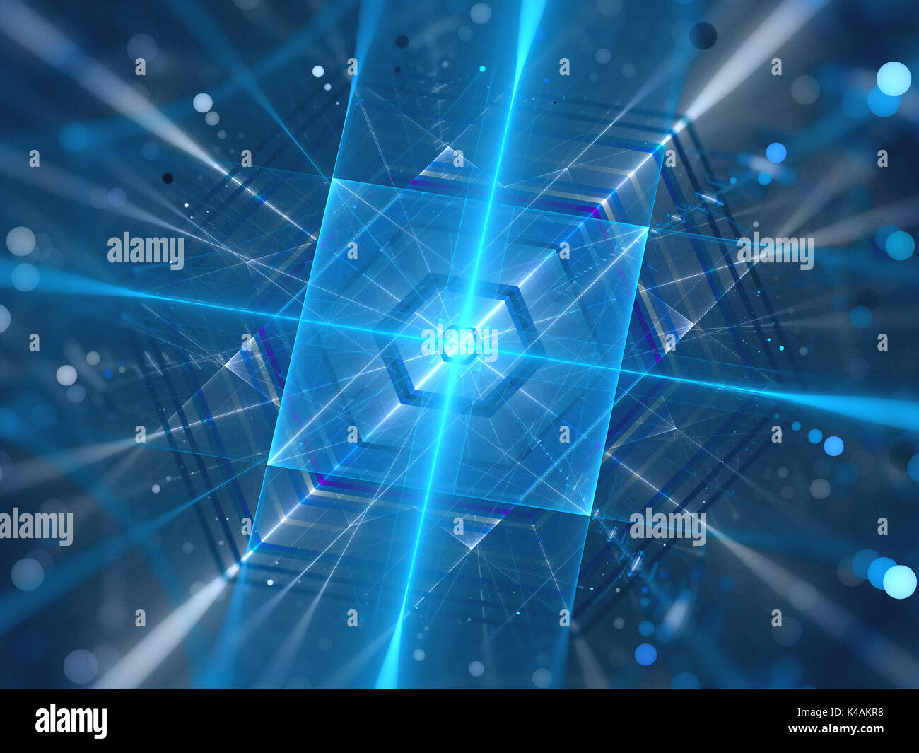 Blue glowing futuristic quantum processor, computer generated abstract background, 3D rendering ...