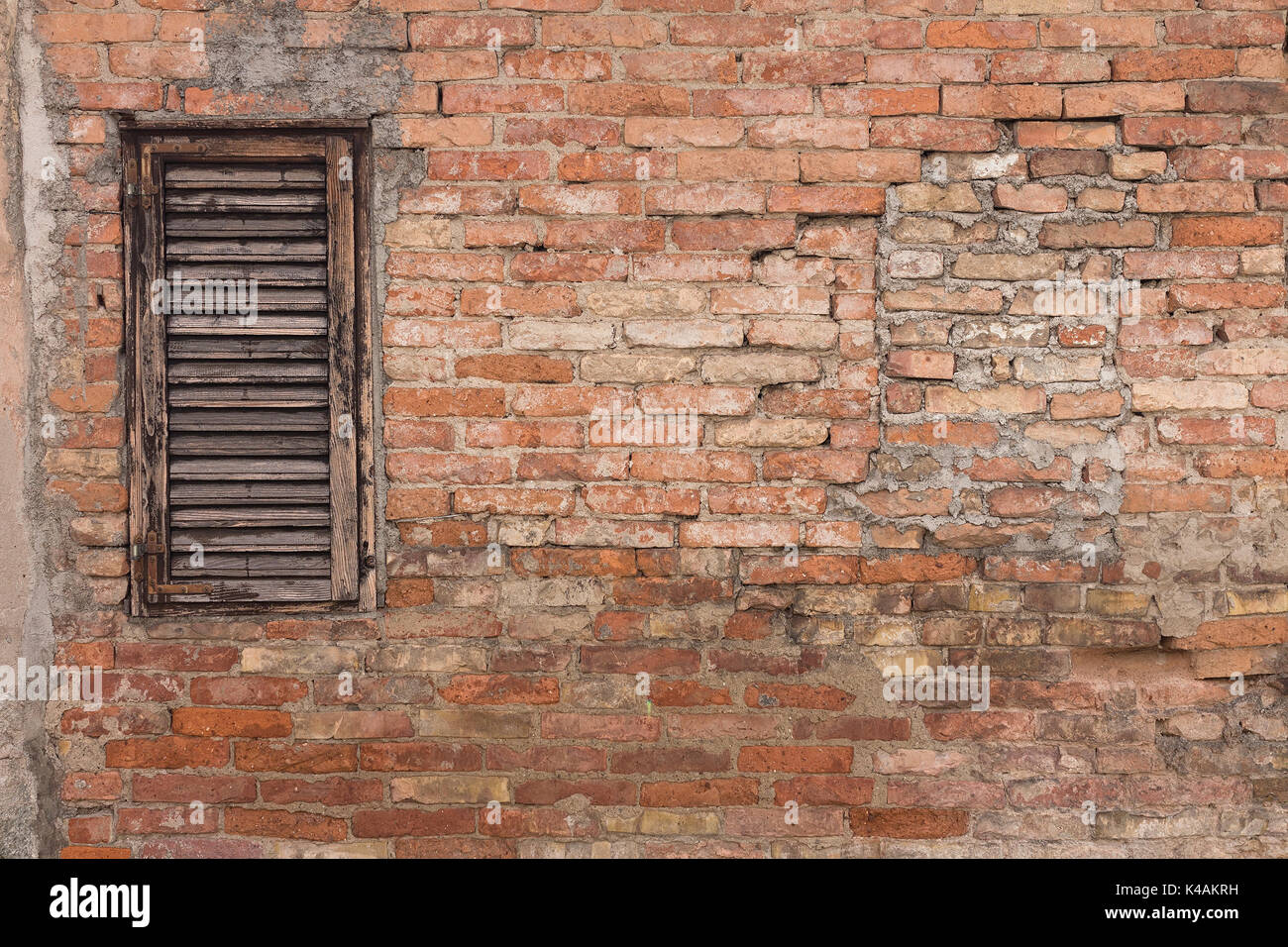 Old and grungy brick wall with old, aged wooden window blinds Stock ...