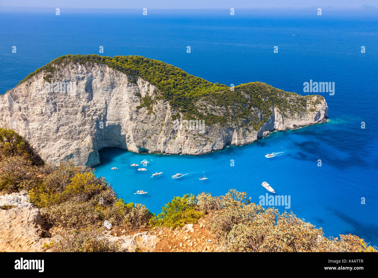 Navagio beach from Shipwreck cliff view in Zakynthos (Zante) island, in ...