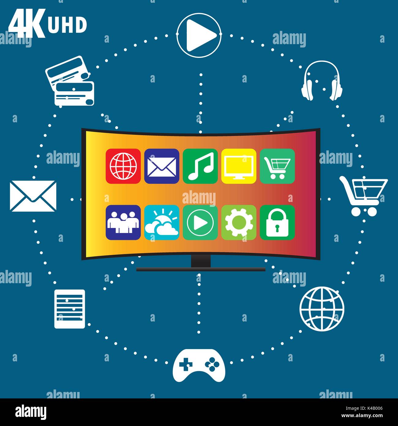 4K TV with icons of different applications, flat vector illustration ...