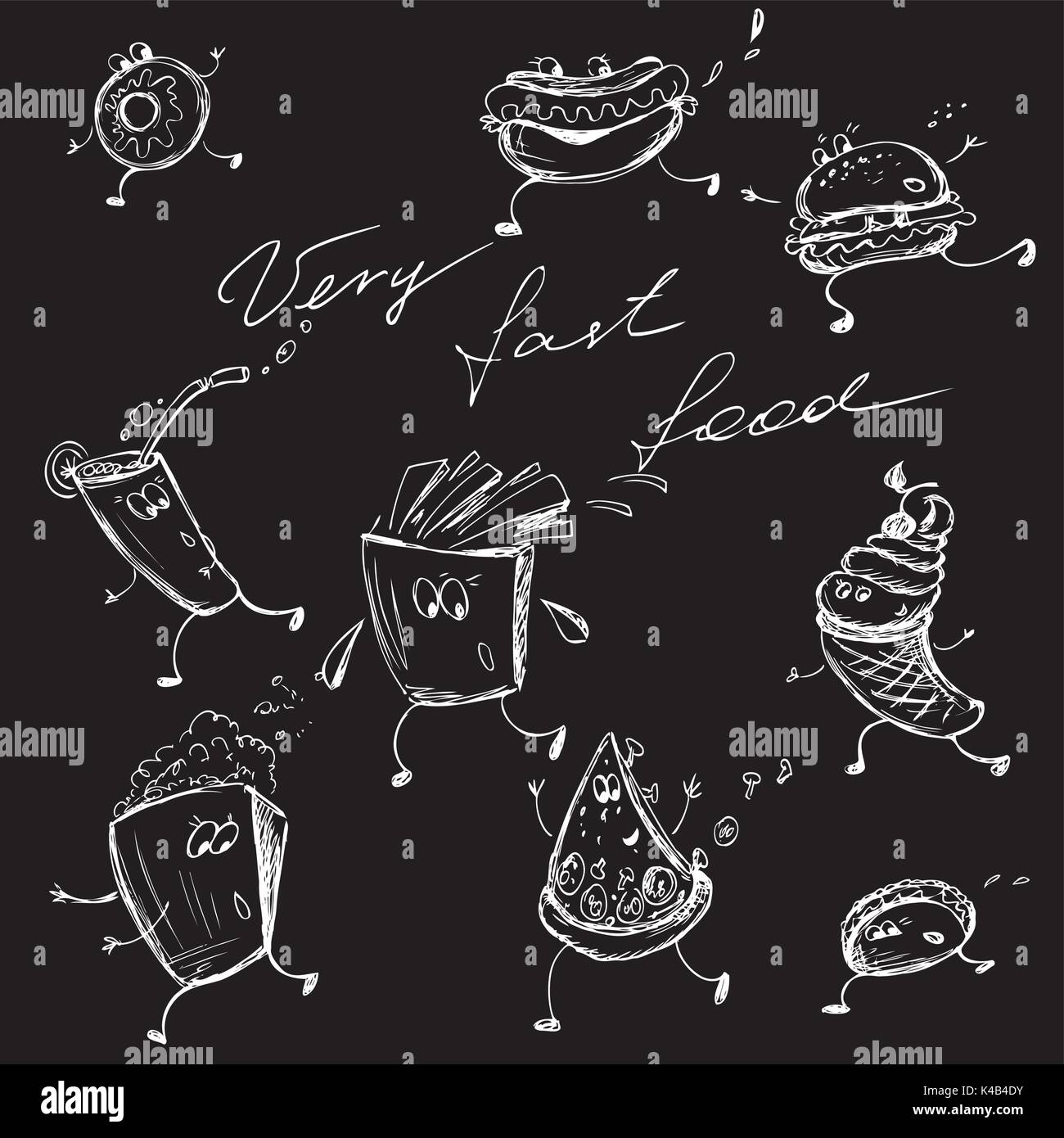 Funny fast food on black background, hand drawing, vector illustration ...