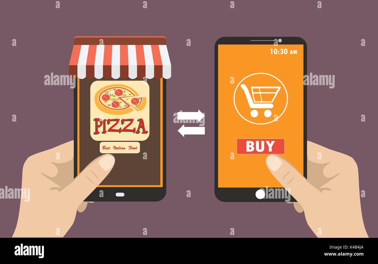 Vector flat illustration .Hand holding smart phone, order pizza using a ...