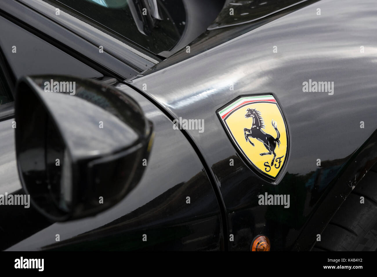 BUDAPEST, HUNGARY - 20 AUGUST 2017:Emblem of a Ferrari car shot close ...
