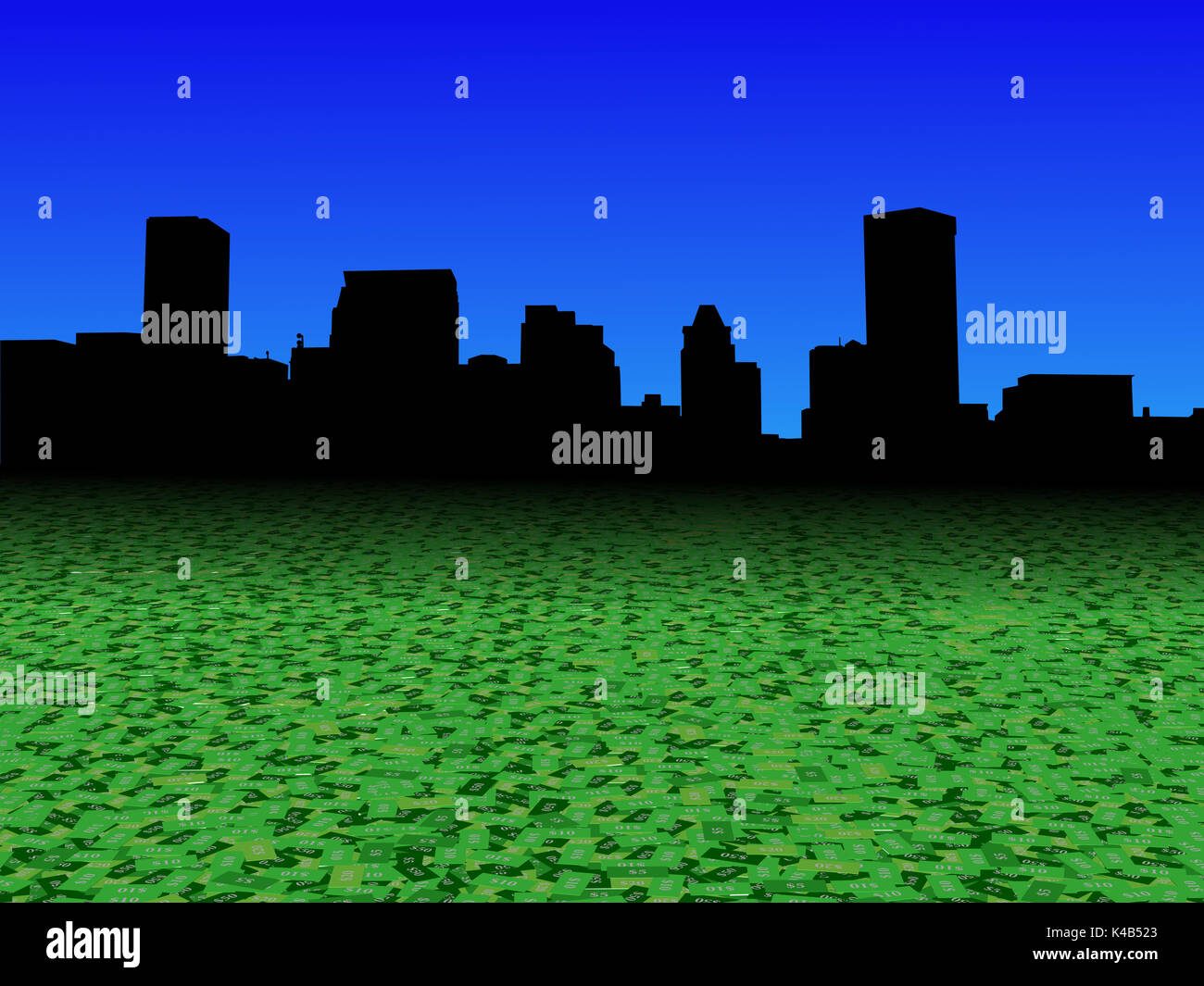 Baltimore skyline with abstract dollar currency foreground illustration ...
