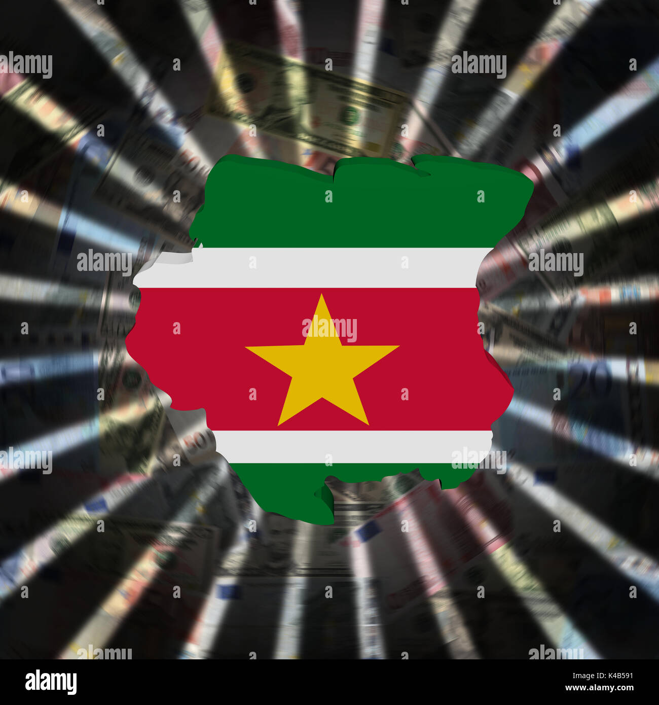 Suriname map flag on currency burst illustration Stock Photo - Alamy