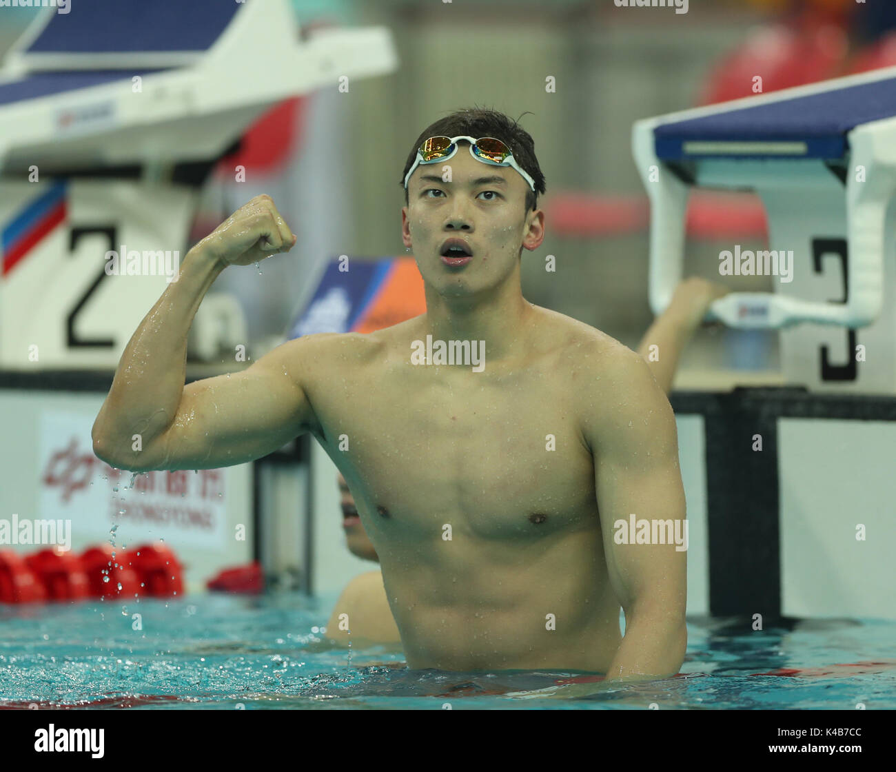 Tianjin. 5th Sep, 2017. Wang Shun of Zhejiang celebrates after the men ...