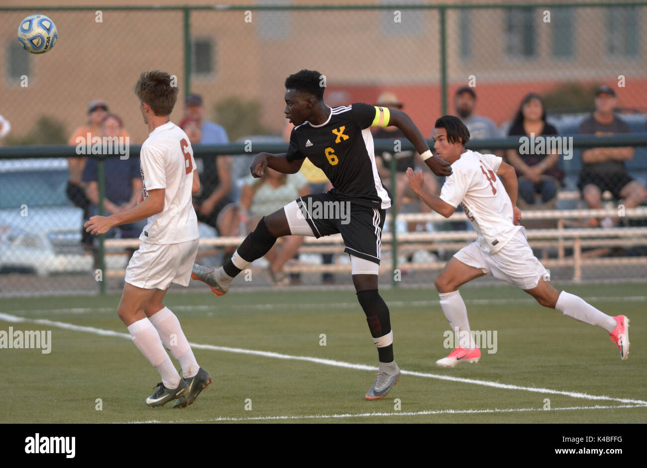 Usa. 5th Sep, 2017. SPORTS -- St. Pius' Alex Nana, center, kicks the ...