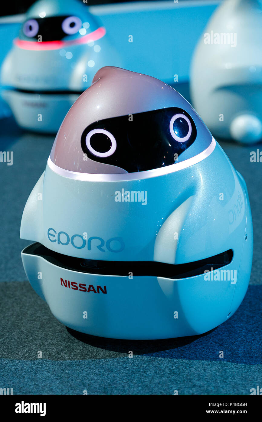 Chiba, Japan. 6th Sept, 2017. Nissan EPORO robot cars on display during ...
