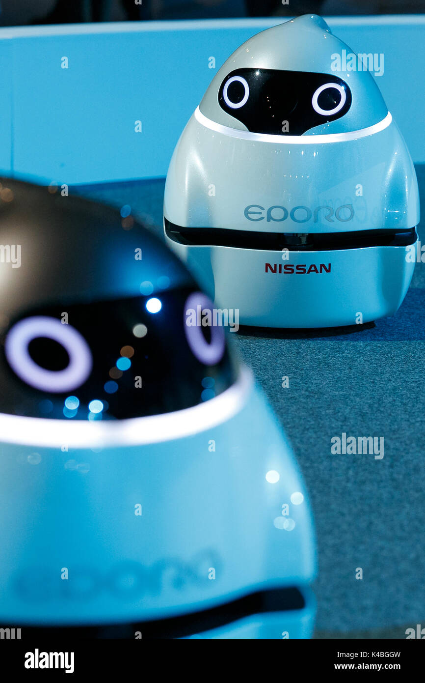 Chiba, Japan. 6th Sept, 2017. Nissan EPORO robot cars on display during ...