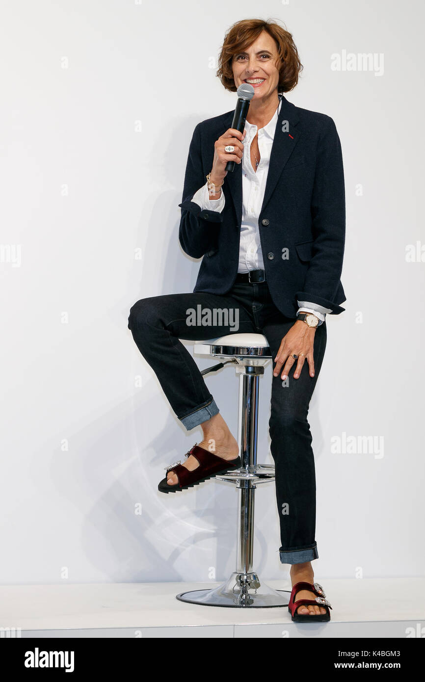 French model and fashion designer Ines de la Fressange speaks during a ...