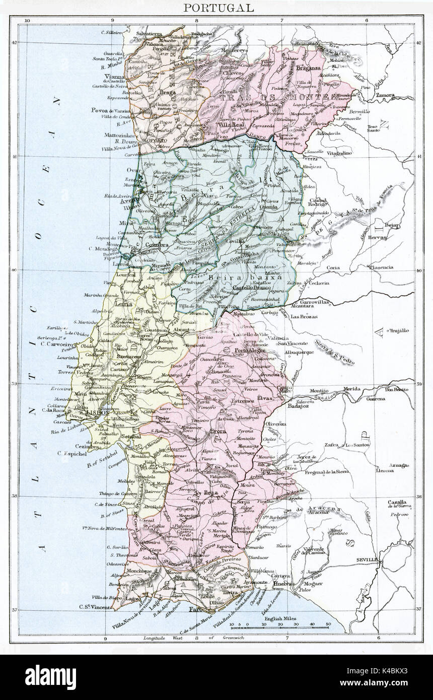 Antique map, circa 1875, of Portugal Stock Photo - Alamy