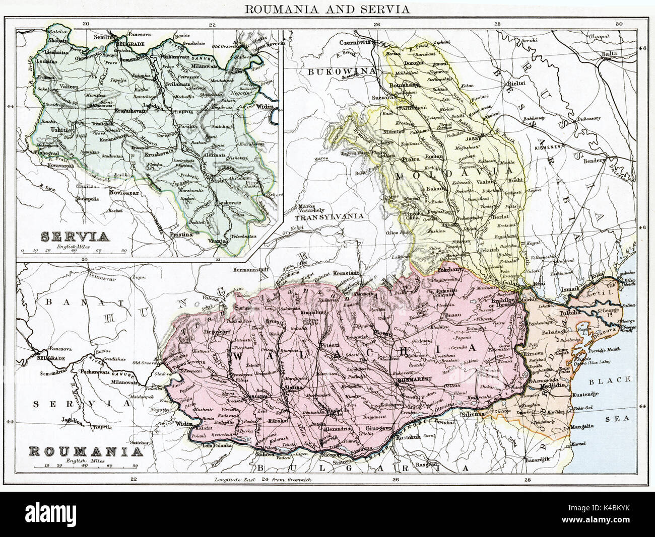 Antique map, circa 1875, of Romania & Serbia Stock Photo - Alamy