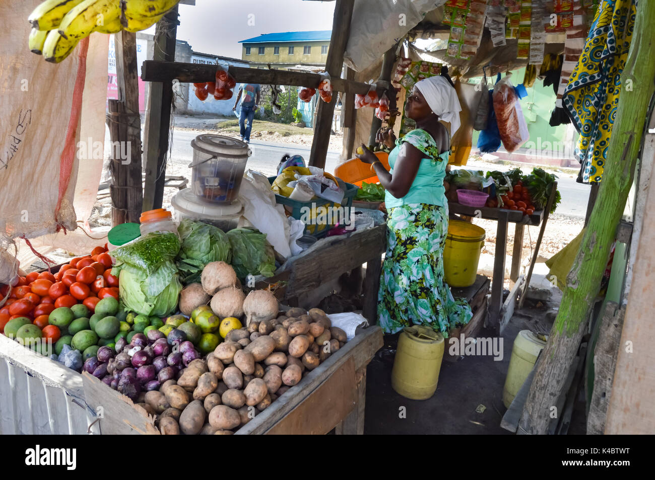 Saleswoman in her small fruit and vegetable shop in a village near ...