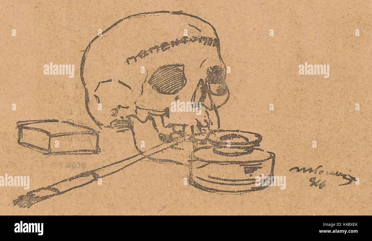 Illustration of a skull with an ink well, holding a pen in its mouth ...