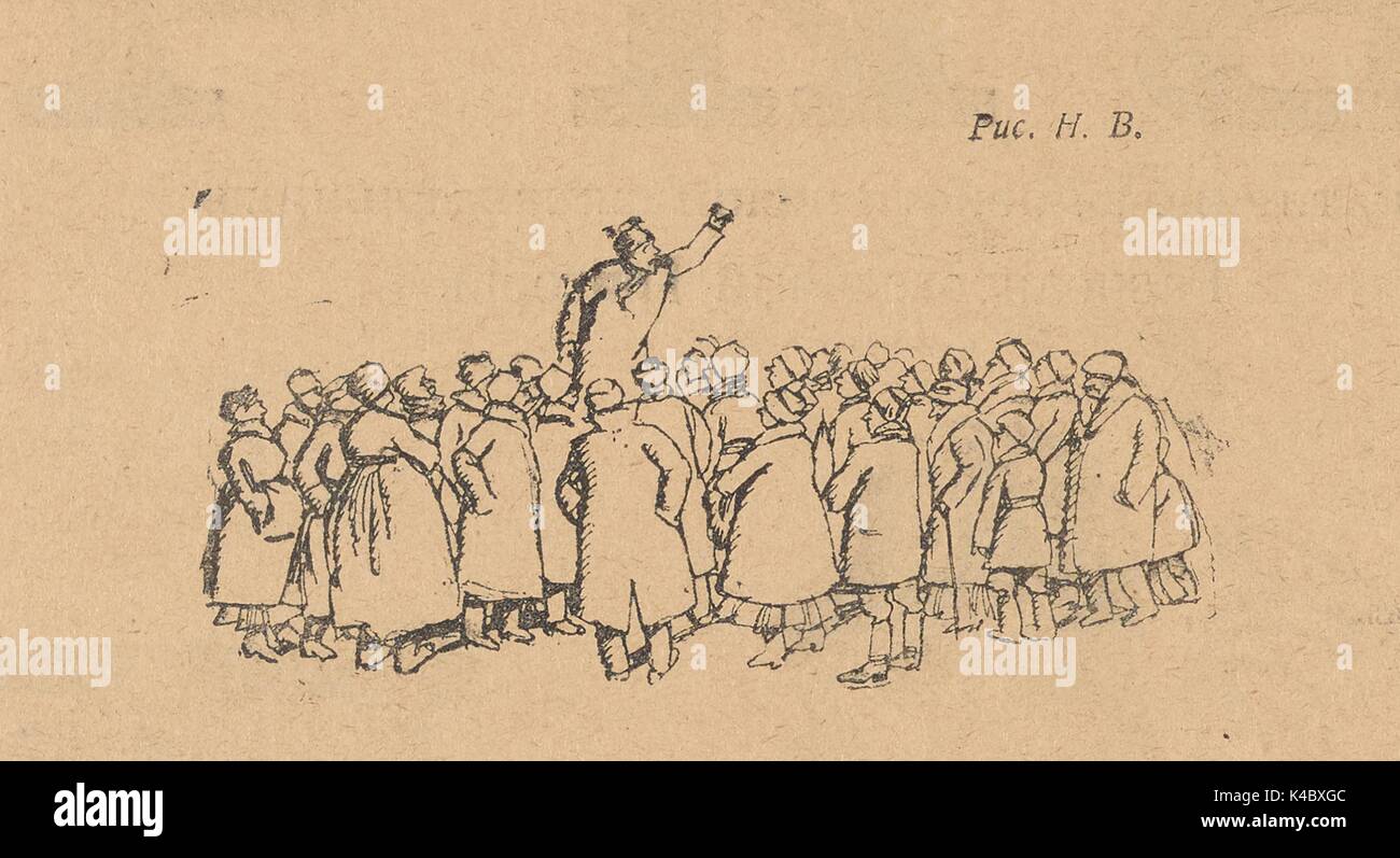 Illustration of one man with a raised first speaking to a crowd of ...