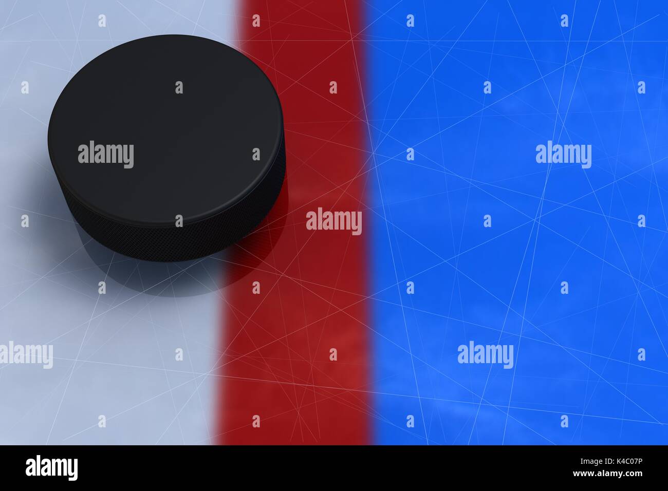 Goal. Hockey puck on ice crossed a red line, top view, close-up, a ...