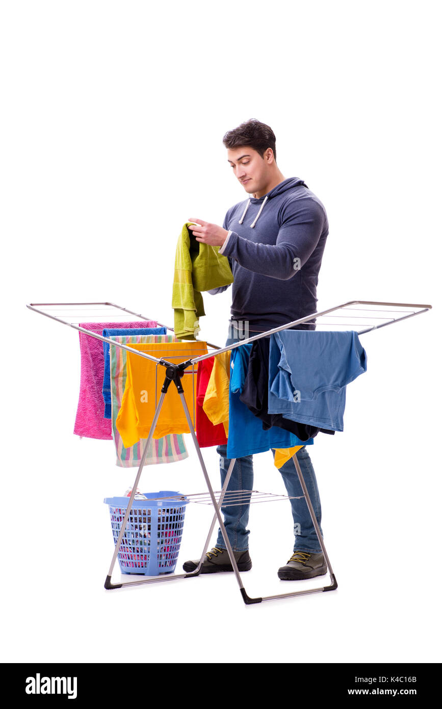Husband man doing laundry isolated on white Stock Photo - Alamy