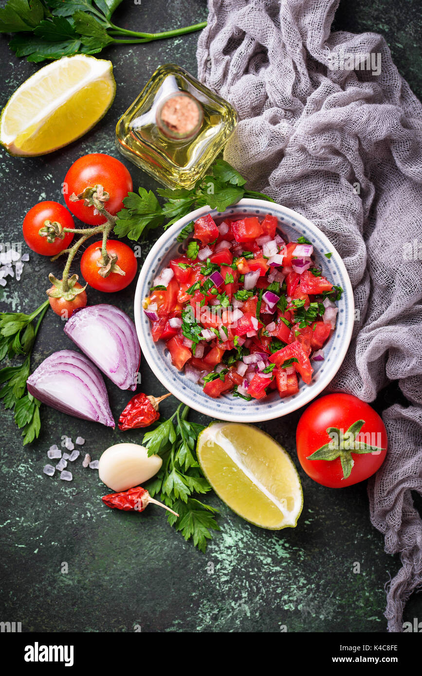 Traditional mexican tomato salsa sauce. Top view Stock Photo - Alamy