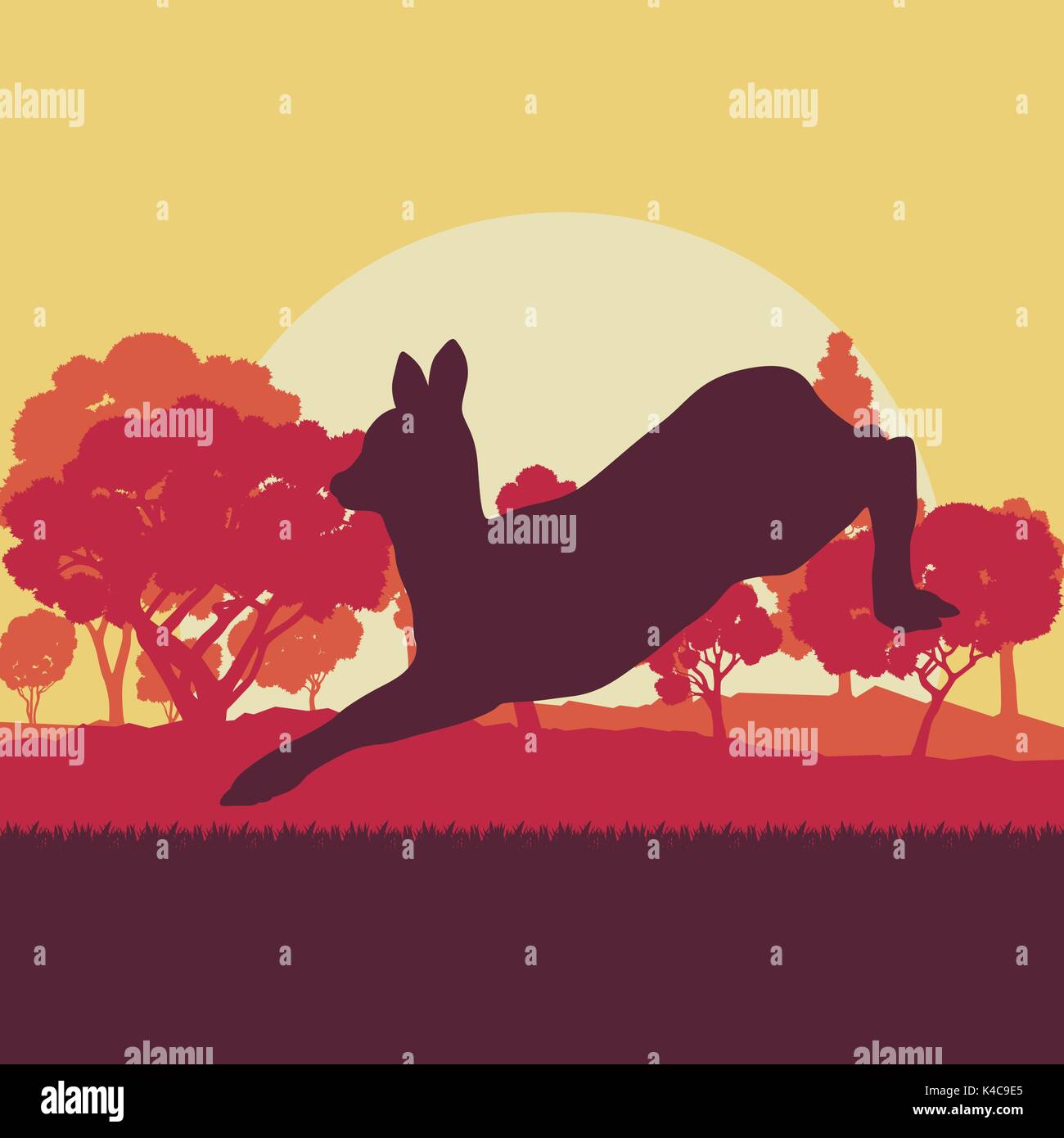 Roe deer in forest field with sunset and trees vector background Stock ...