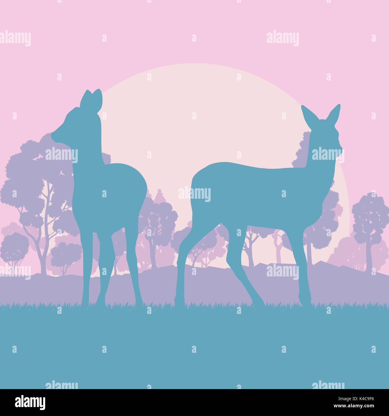 Roe deer in forest field with sunset and trees vector background Stock ...