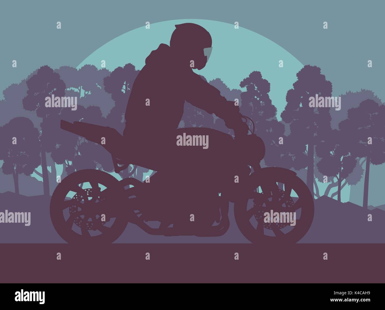 Motorcycle stunt driver vector background with trees and sunset Stock ...