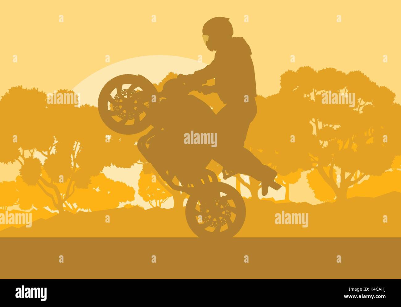 Motorcycle stunt driver vector background with trees and sunset Stock ...
