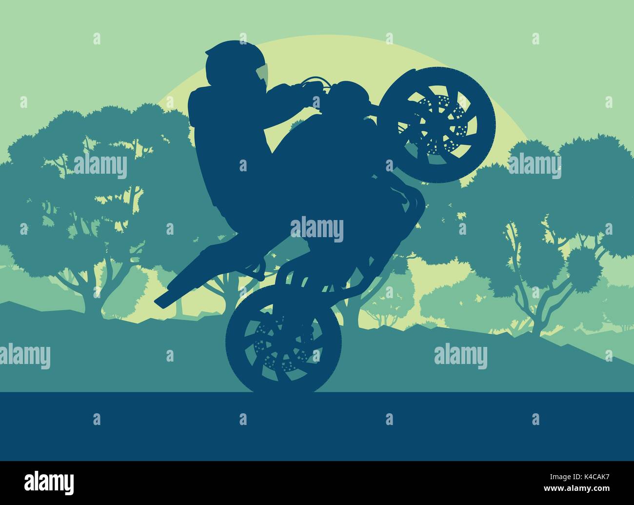 Motorcycle stunt driver vector background with trees and sunset Stock ...