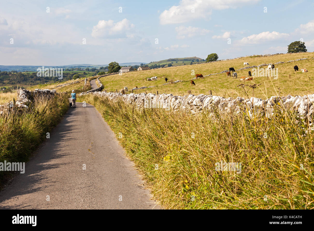 A woman walking along a quiet lane in Derbyshire, England, UK Stock ...