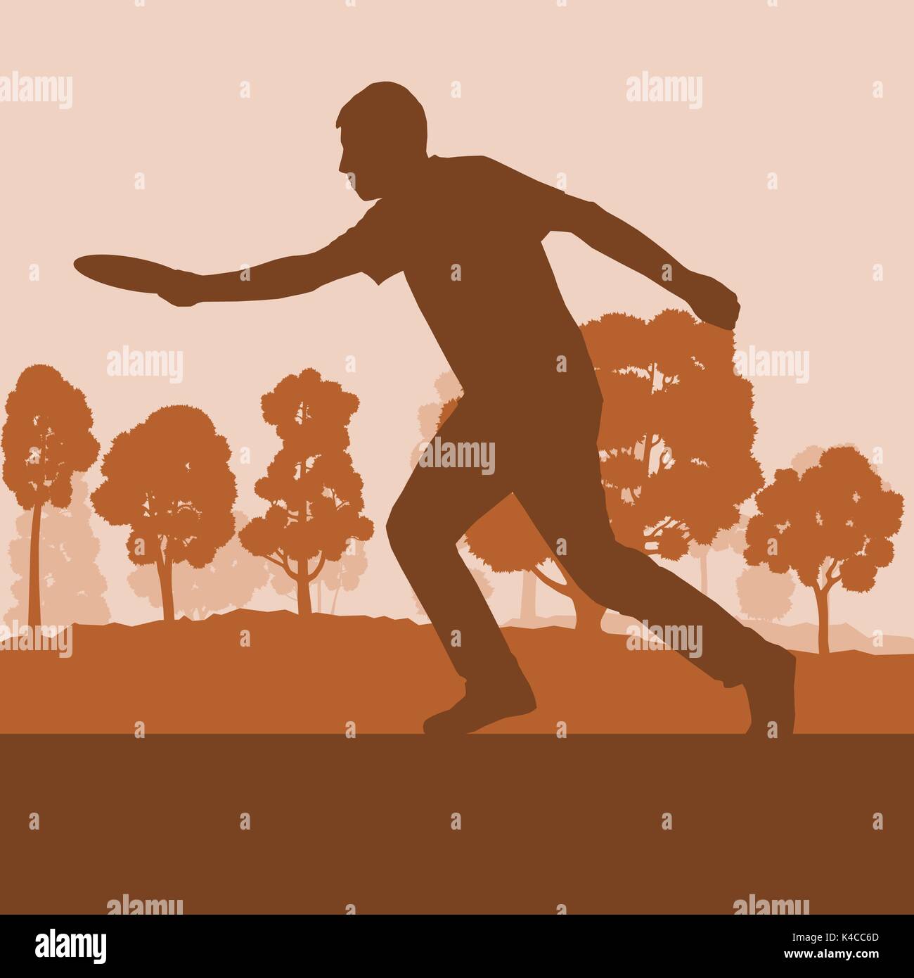 Flying disc throw game man playing in park with trees vector background ...