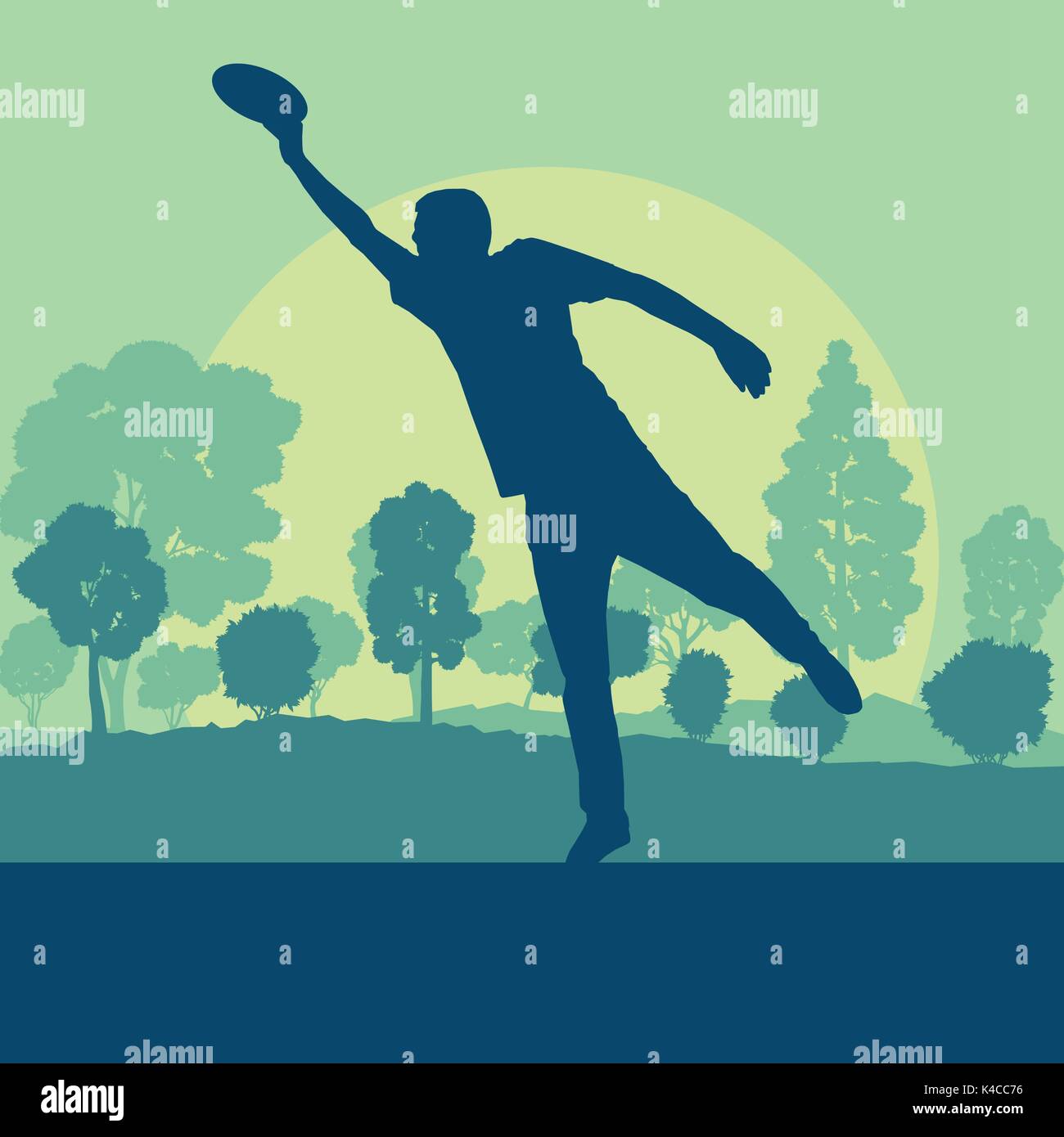 Flying disc throw game man playing in park with trees vector background ...